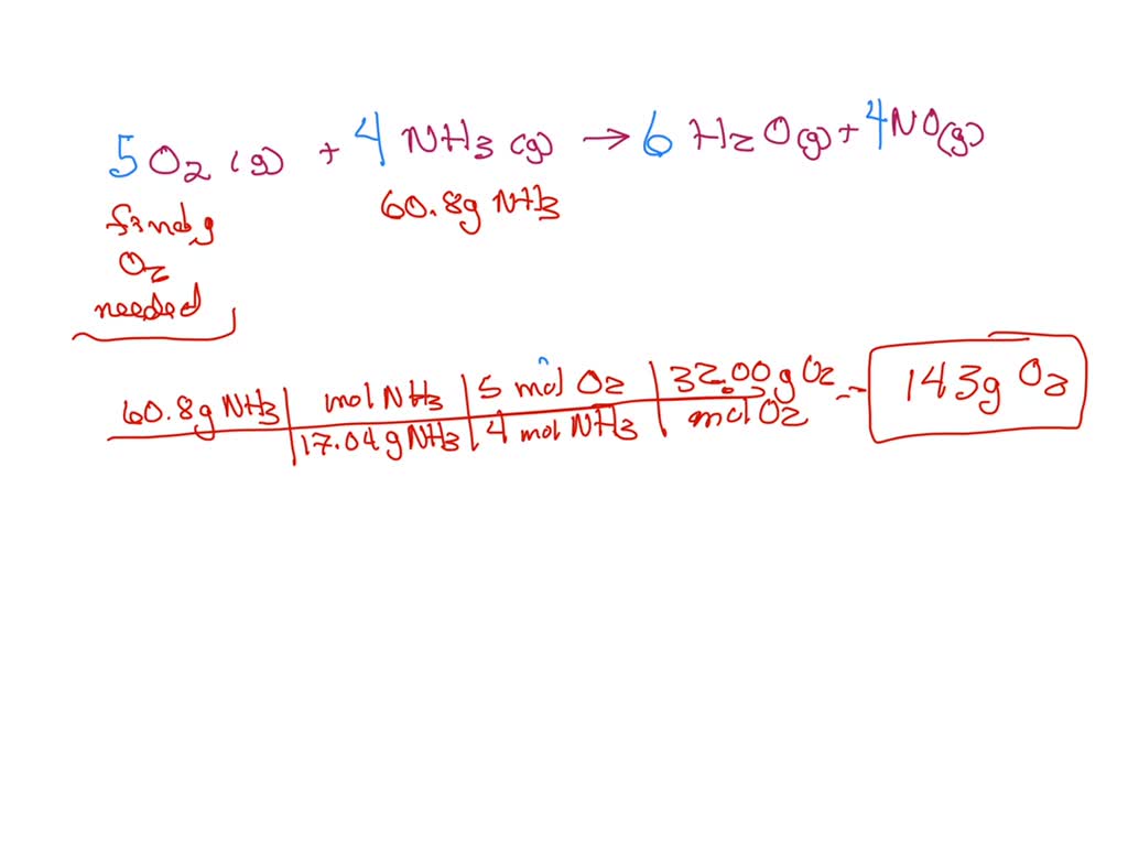 SOLVED: How many grams of O2 are needed to react with 60.8 g of NH3? How many grams of water are ...