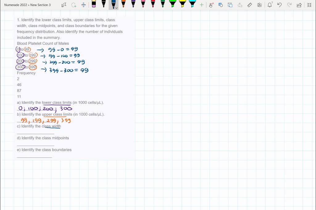 SOLVED: 1. Identify the lower class limits, upper class limits, class ...