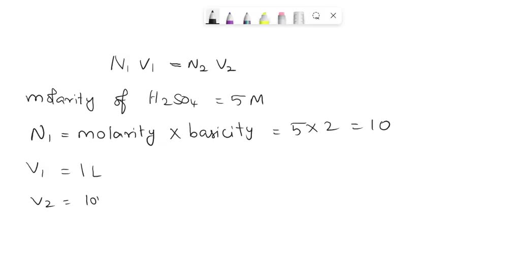 A 5M solution of H2SO4 is diluted from 1 liter to a volume of 10 liters ...