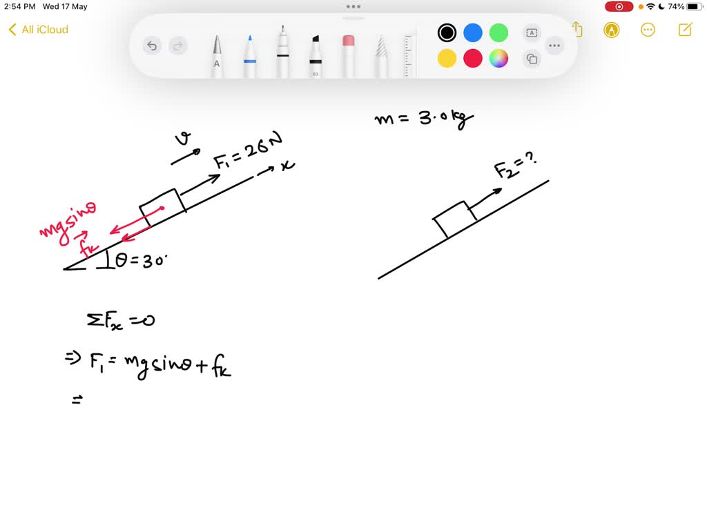 SOLVED: 3.0-kg block moves up a 30° incline with constant speed under the action of a 26-N force ...