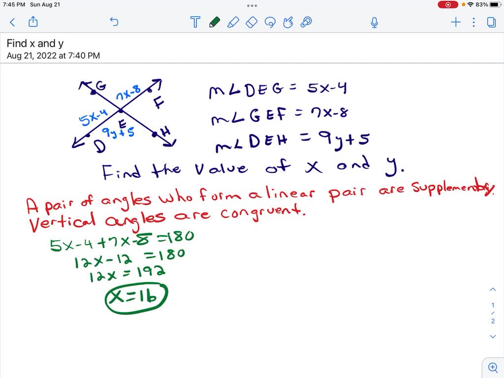 SOLVED: [GEOMETRY] If mâˆ DEG = 5x - 4, mâˆ GEF = 7x - 8, and mâˆ DEH = 9y + 5, find the values ...
