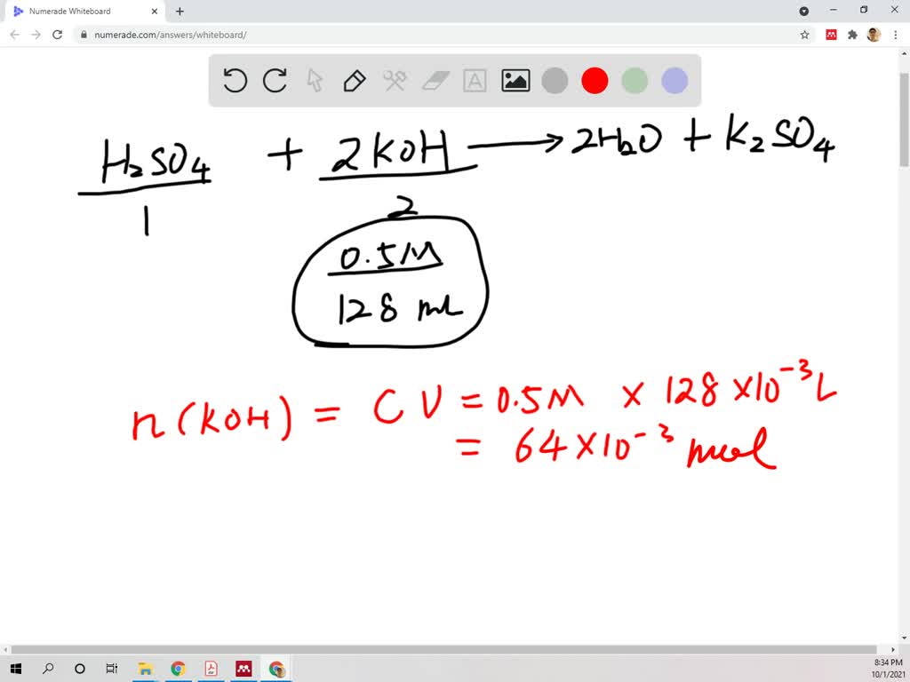 SOLVED: Given a balanced chemical equation between H2SO4(aq) and KOH(aq) H2SO4(aq) + 2 KOH(aq) → ...