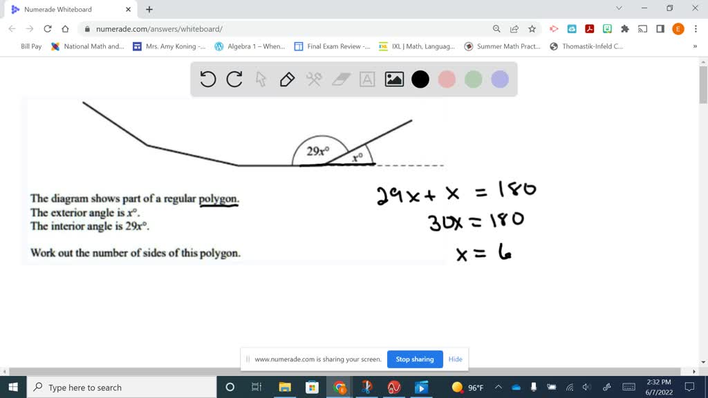 SOLVED: The diagram shows part of a regular polygon. The exterior angle is xÂ°. The interior ...