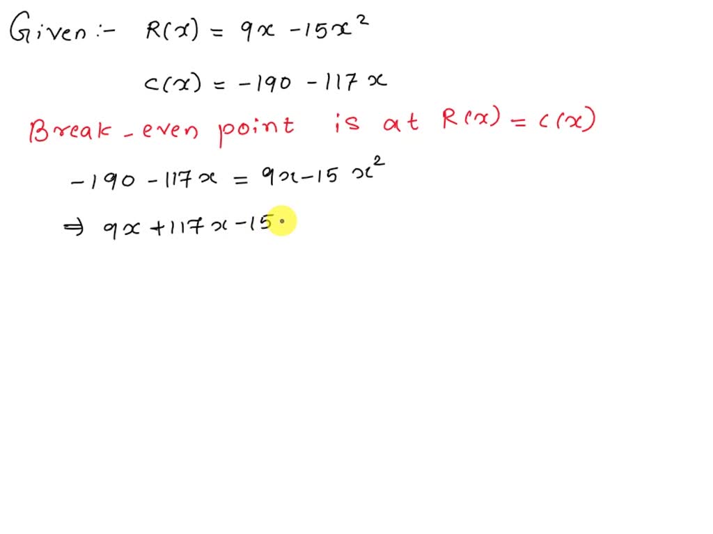 SOLVED: Use quadratic functions in break-even and profit-loss analysis Question Given the ...