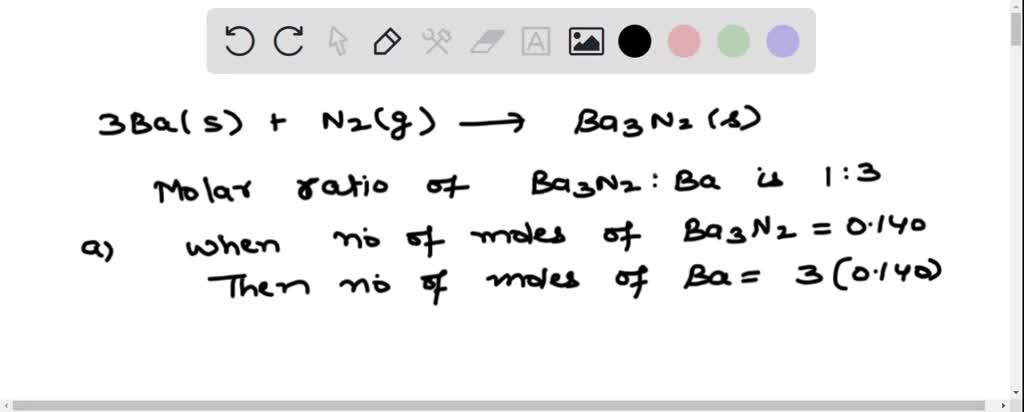 SOLVED: 3Ba(s) + N2(g) â†’ Ba3N2(s) How many moles of barium metal ...