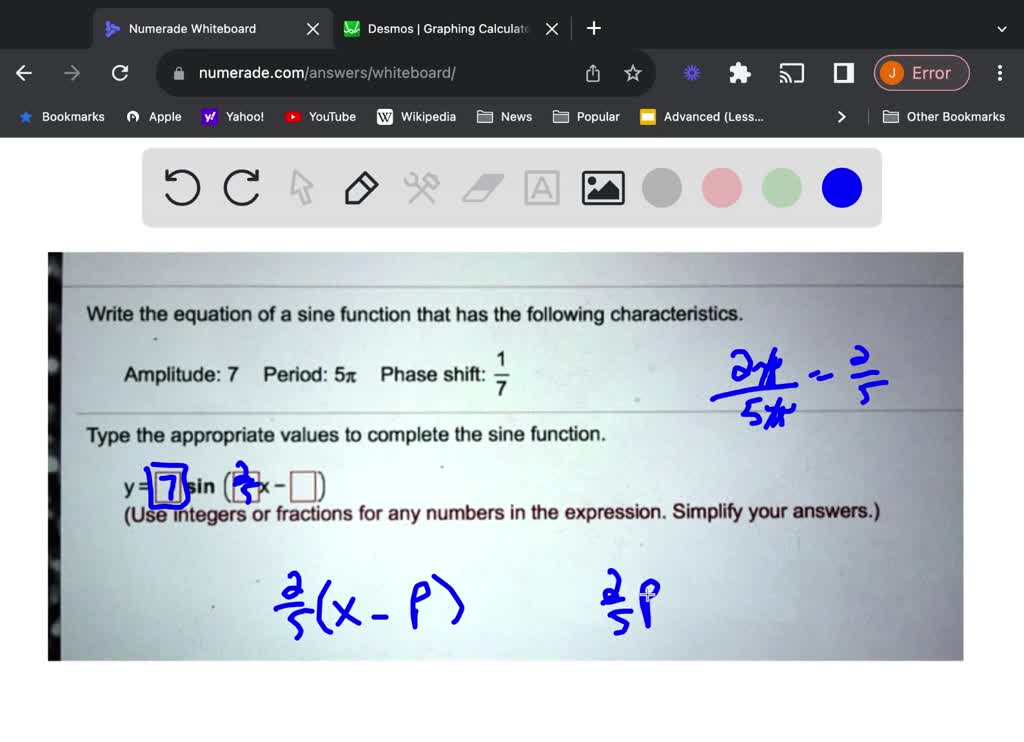 SOLVED: Write the equation of a sine function that has the following characteristics. Amplitude ...