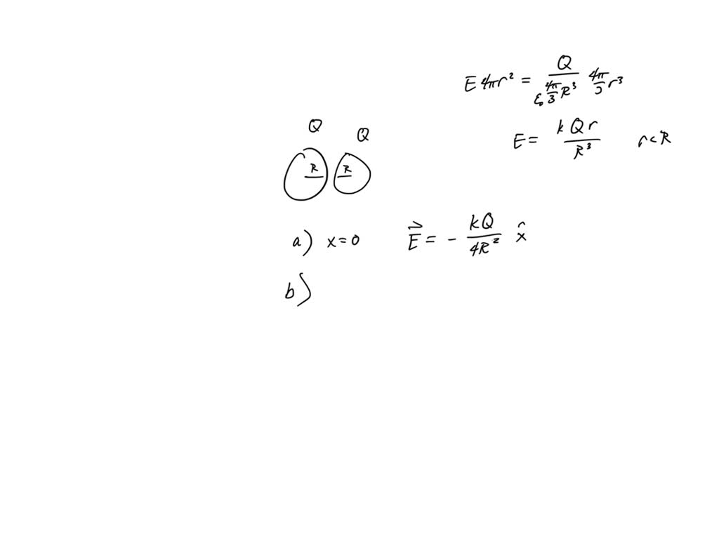 Positive charge Q is distributed uniformly over each of two spherical volumes with radius R. One ...