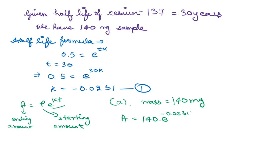 SOLVED: The half-life of cesium-137 is 30 years. Suppose we have 140-mg ...