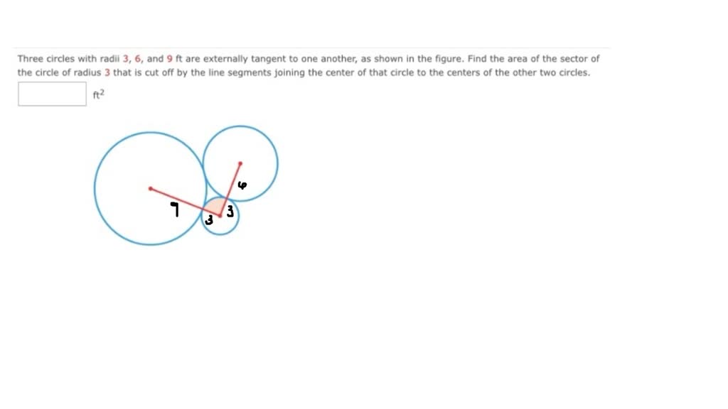 SOLVED: Three circles with radii 3, 6, and 9 ft are externally tangent to one another, as shown ...