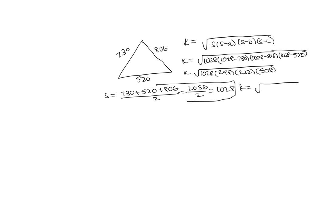 SOLVED: A triangular parcel of land has sides of lengths 730 feet; 520 feet and 806 feet: What ...