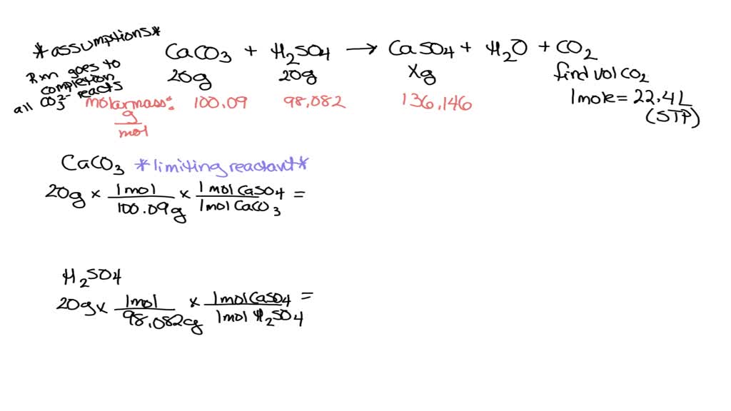 Mole 20 g of CaCO3 and 20 g of H2SO4 react to give CaSO4, along with ...