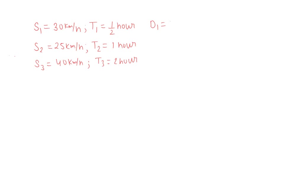 SOLVED: car moves with a speed of 30 km/h–1 for half an hour, 25 km/h–1 for one hour and 40 km/h ...