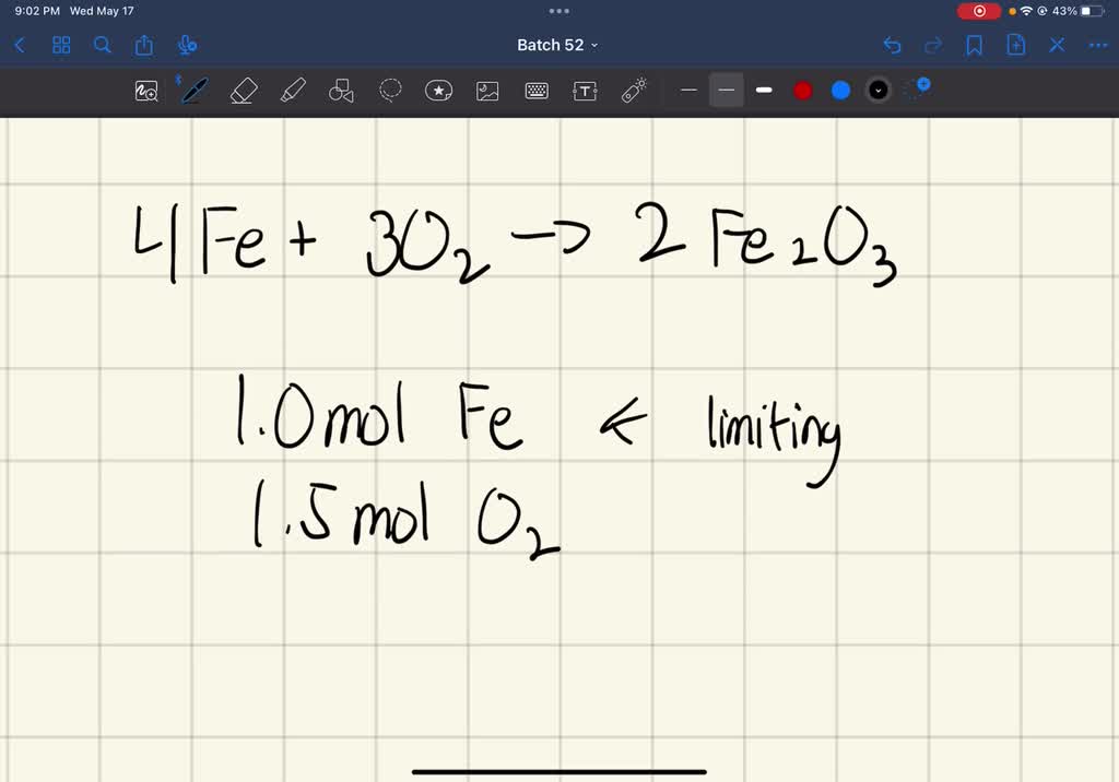SOLVED: How many grams of Fe2O3 is produced from the reaction of 1.0 mol of iron and 48 grams of ...