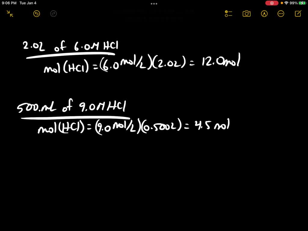 A solution is prepared by adding 2.0 L of 6.0 M HCl to 500 mL of a 9.0 M HCl solution. What is ...