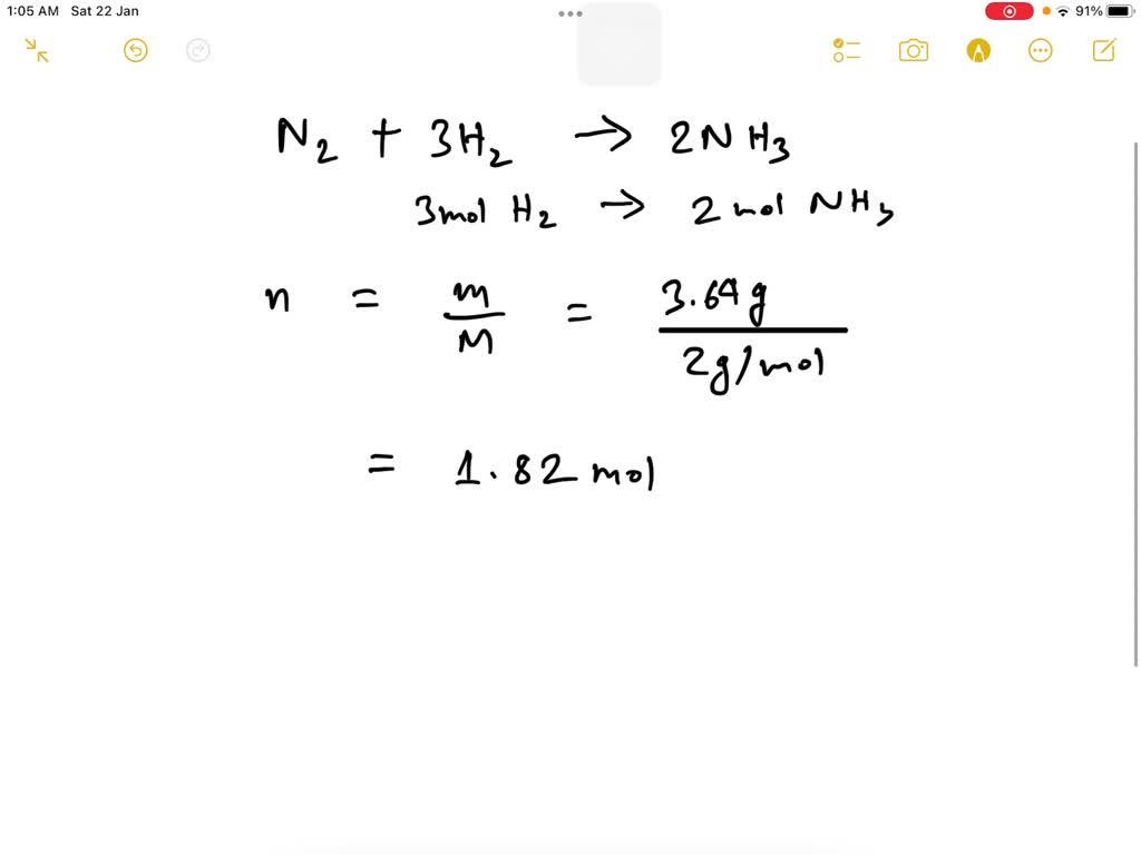 SOLVED: Consider the following chemical reaction: N2 (g) + 3H2 (g) —> 2NH3 (g). If you have 3.64 ...