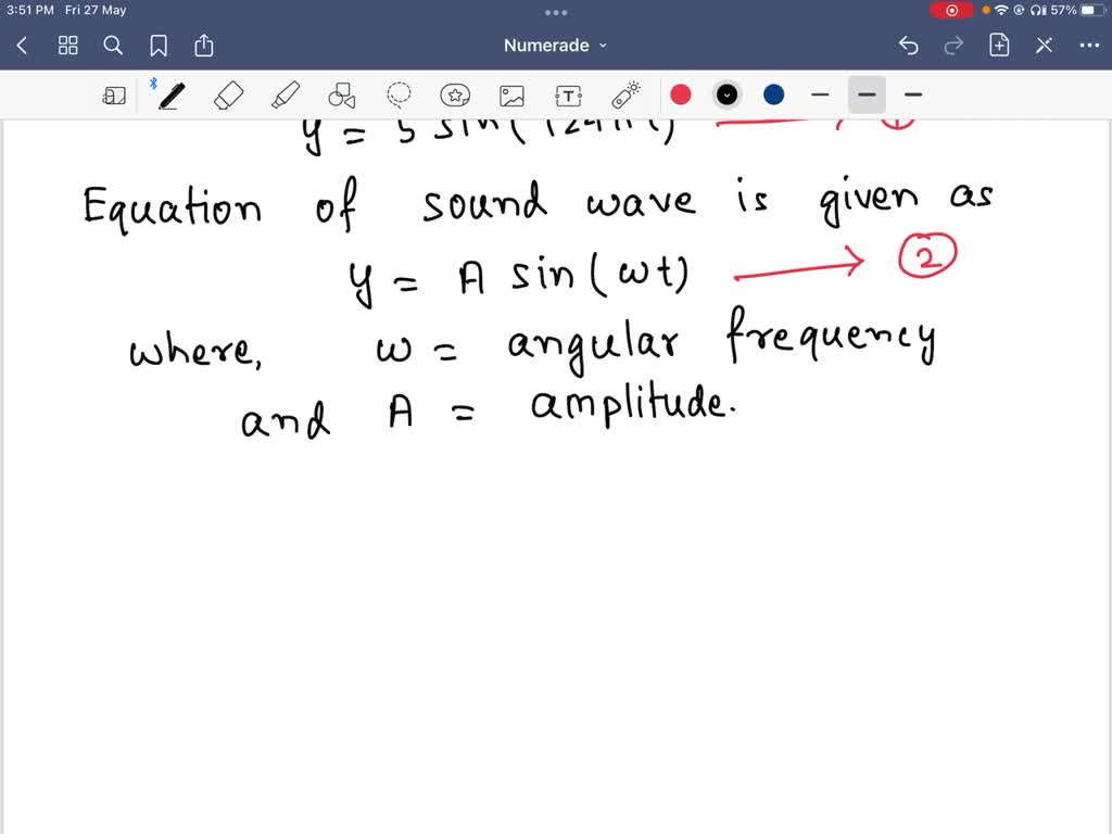 A sound wave has an equation y = 5 sin(1240t), where t = time in ...