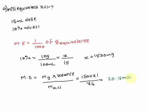 1 how many meq of kcl are represented in a 15 ml dose of 10 wv kcl elixir 02875