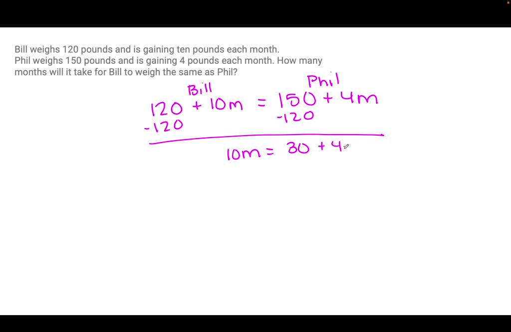 SOLVED: Bill weighs 120 pounds and is gaining ten pounds each month ...