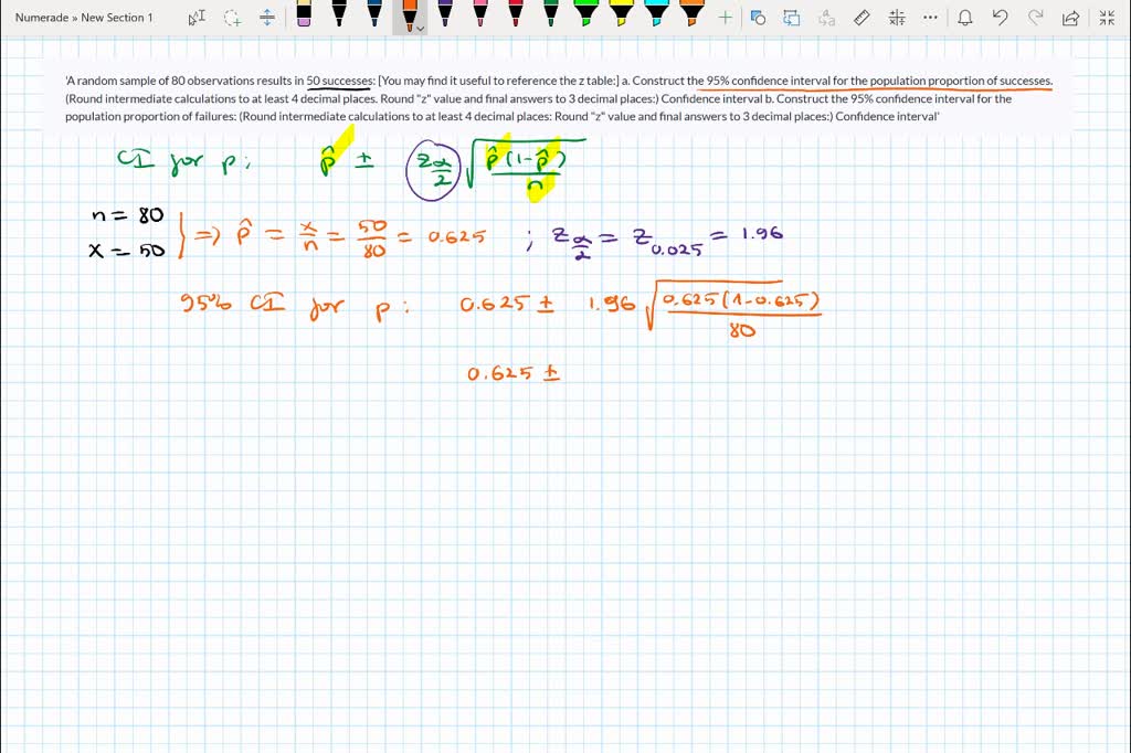 SOLVED: 'A random sample of 80 observations results in 50 successes ...