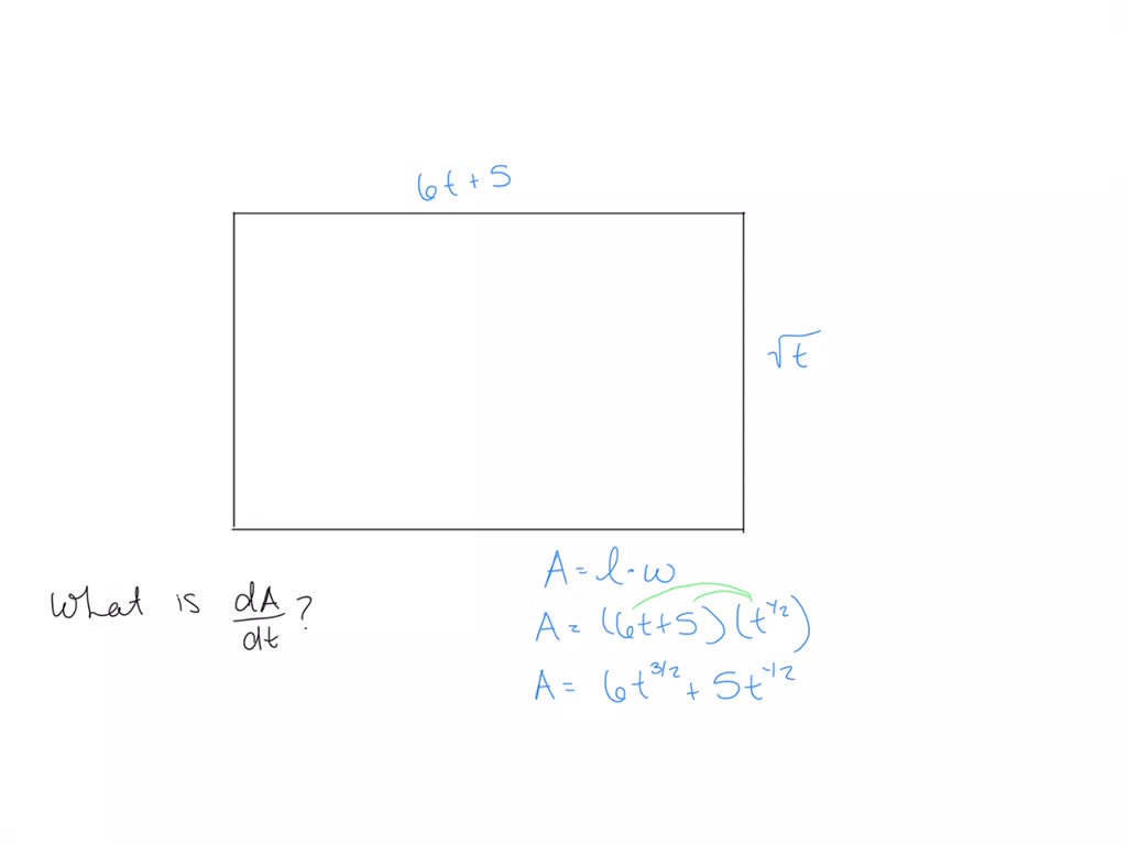SOLVED: The length of a rectangle is given by 6t + 5 and its height is ...
