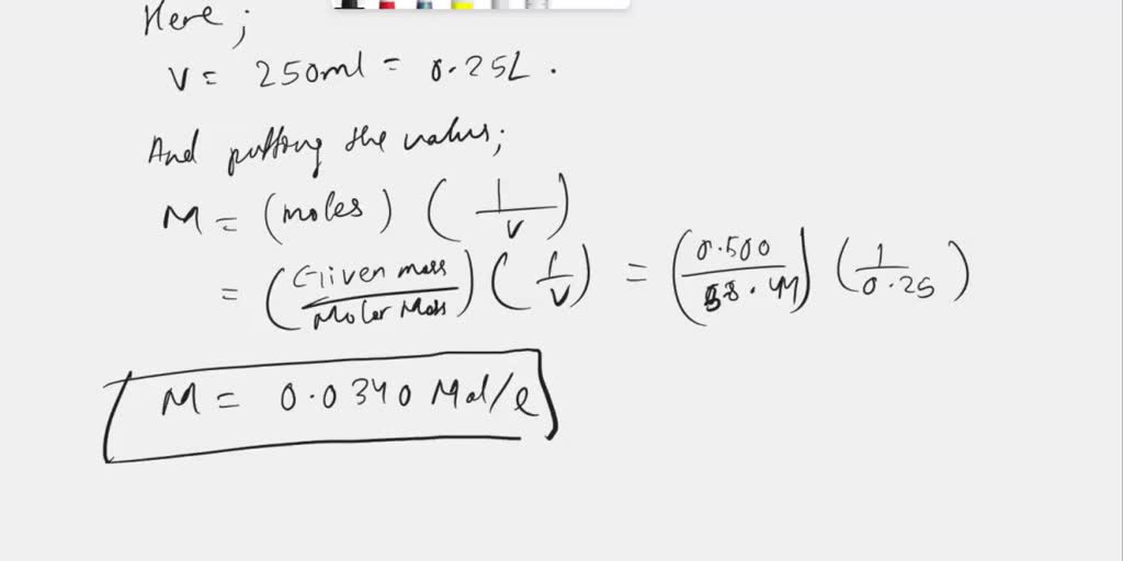 SOLVED: Calculate the molarity of the solution. Express your answer in ...