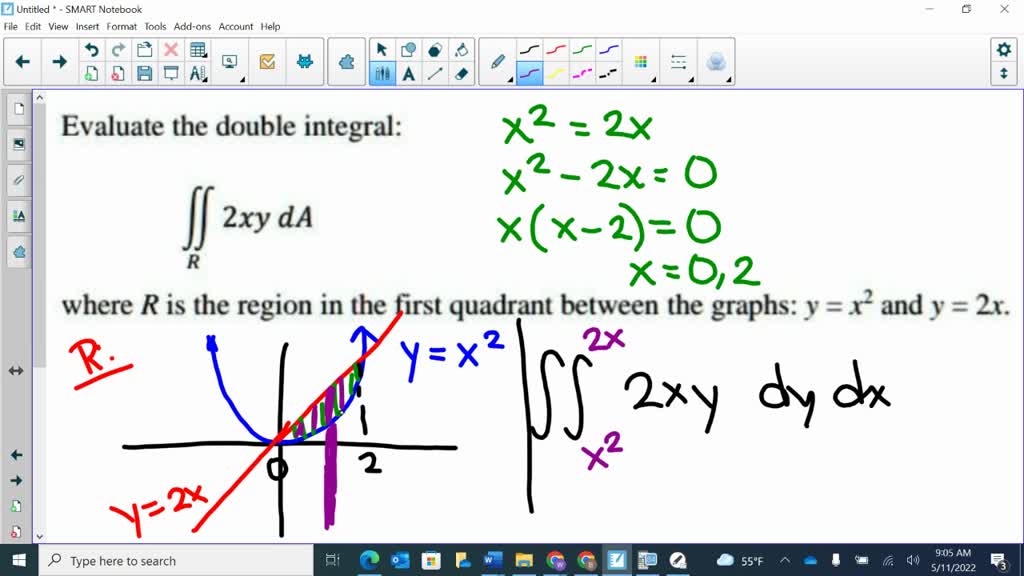 SOLVED: Evaluate the double integral: 2xy dA where R is the region in the first quadrant between ...