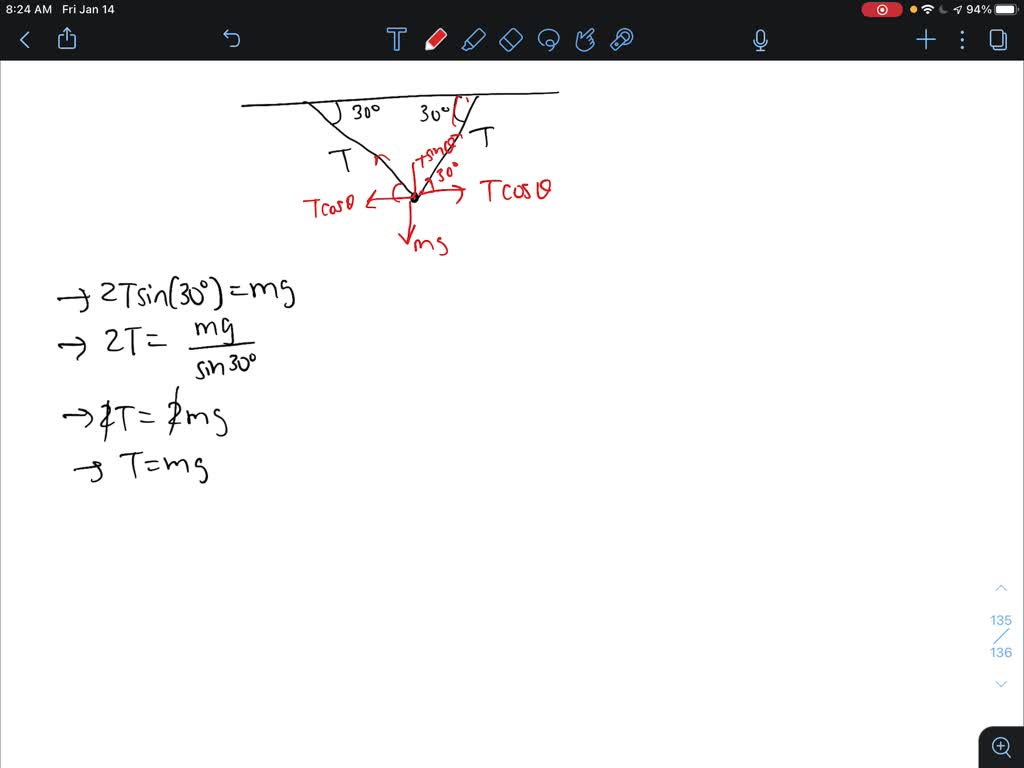 SOLVED: A sphere of mass m hangs from two strings that each make an angle of 30Â° with the ...