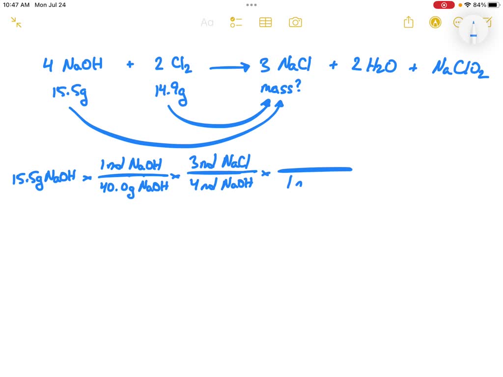 SOLVED: 4 NaOH + 2 Cl2 –> 3 NaCl + 2 H2O + NaClO2 If 14.9 grams of Cl2 ...