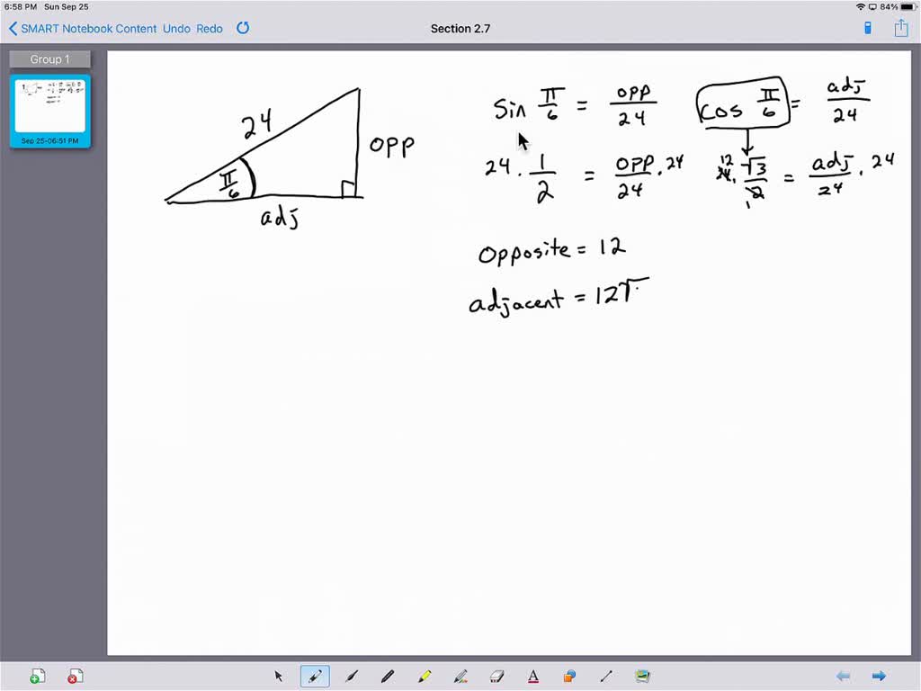 SOLVED: A right triangle has one angle of (π)/(6) and a hypotenuse of 24 . Find the unknown ...