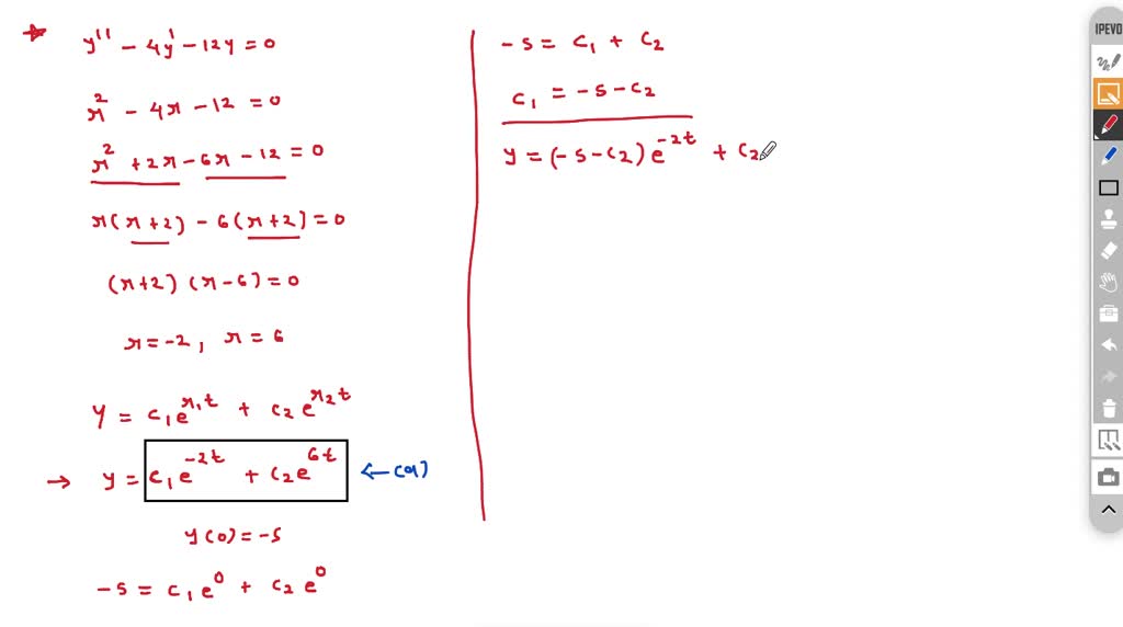 SOLVED: point) a) Find the general solution to y' 4y 12y = 0. In your answer; use C1 and C2, to ...