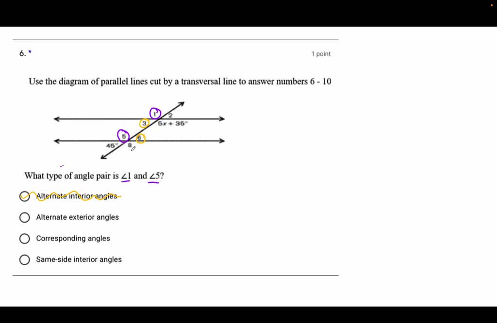 SOLVED: point Use the diagram of parallel lines cut by a transversal ...