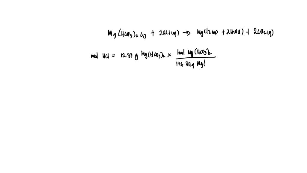 SOLVED: NaHCO3(s) + H20 -> Na + (aq) + HCO3 - (aq) HCO3 - (aq) + HCl (aq) -> Cl- (aq) + H2O (l ...