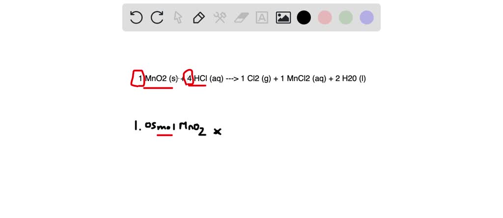 How many moles of HCl react with 10g of MnO2 according to the equation ...