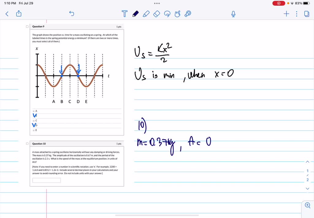 SOLVED: The graph shows the position vs. time for a mass oscillating on a spring. At which of ...