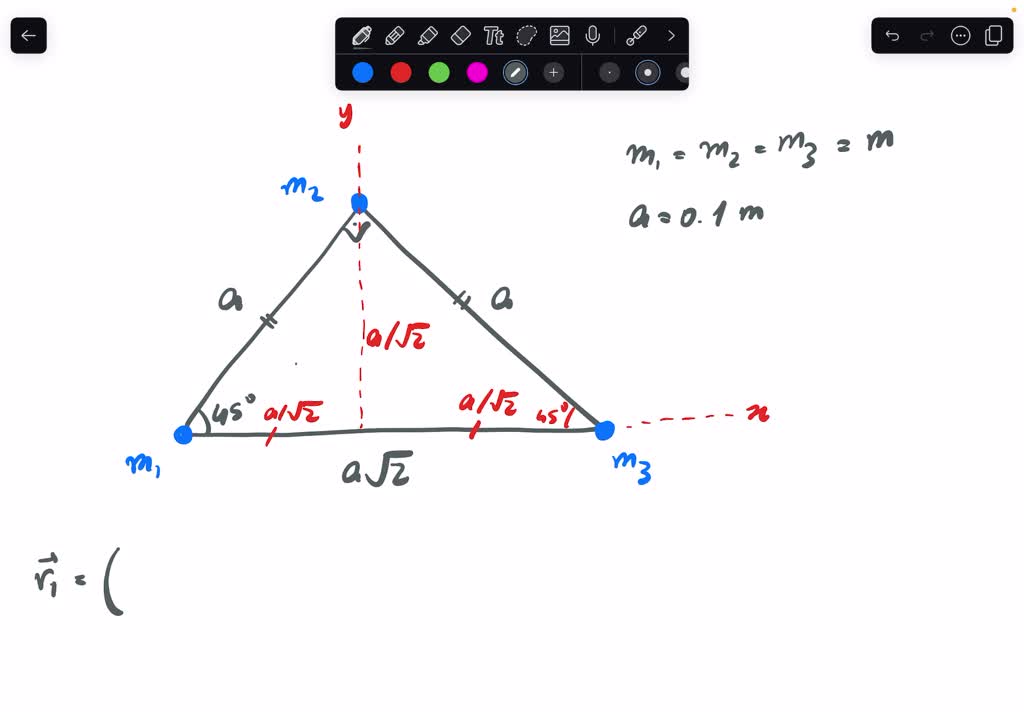 SOLVED: Three equal weights are positioned at the corners of a right ...