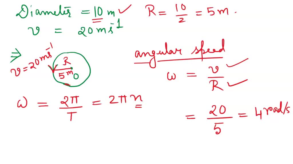 If a ball is travelling in a circle of diameter 10m with velocity 20m/s ...