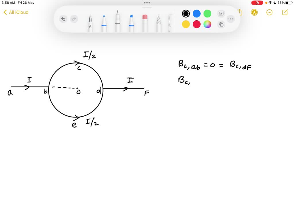 SOLVED: A straight conductor carrying current i = 5.0 A splits into ...