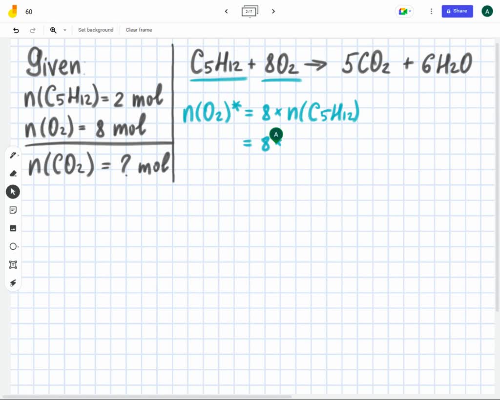 SOLVED: Pentane (C5H12) is flammable and volatile. If 2 mol of pentane is burned in 8 moles of ...
