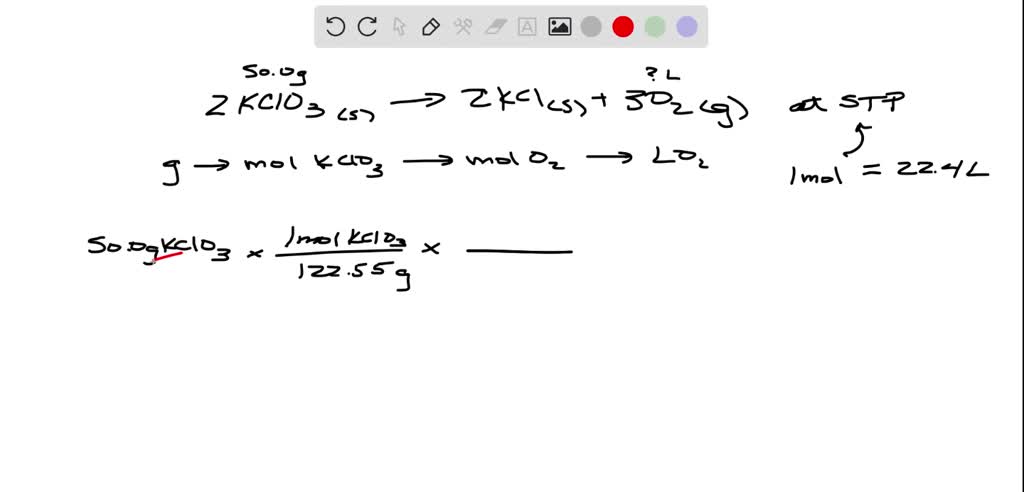 SOLVED: Determine the volume of O2 (at STP) formed when 50.0 g of KClO3 ...