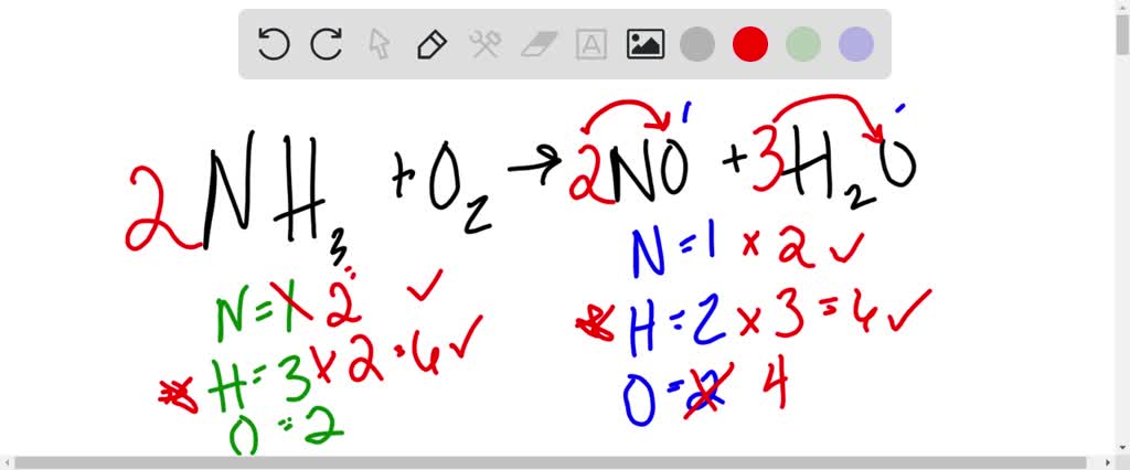 Consider the following chemical equation: NH3 + O2 â†’ NO + H2O. The equation is unbalanced ...