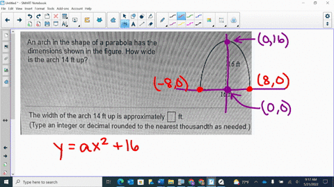 An arch in the shape of a parabola has the dimensions shown...