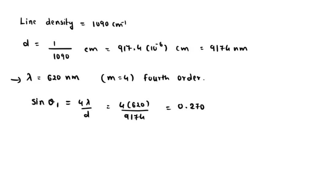 SOLVED: Diffraction grating has a line density of 1090 lines/cm, and a screen perpendicular to ...