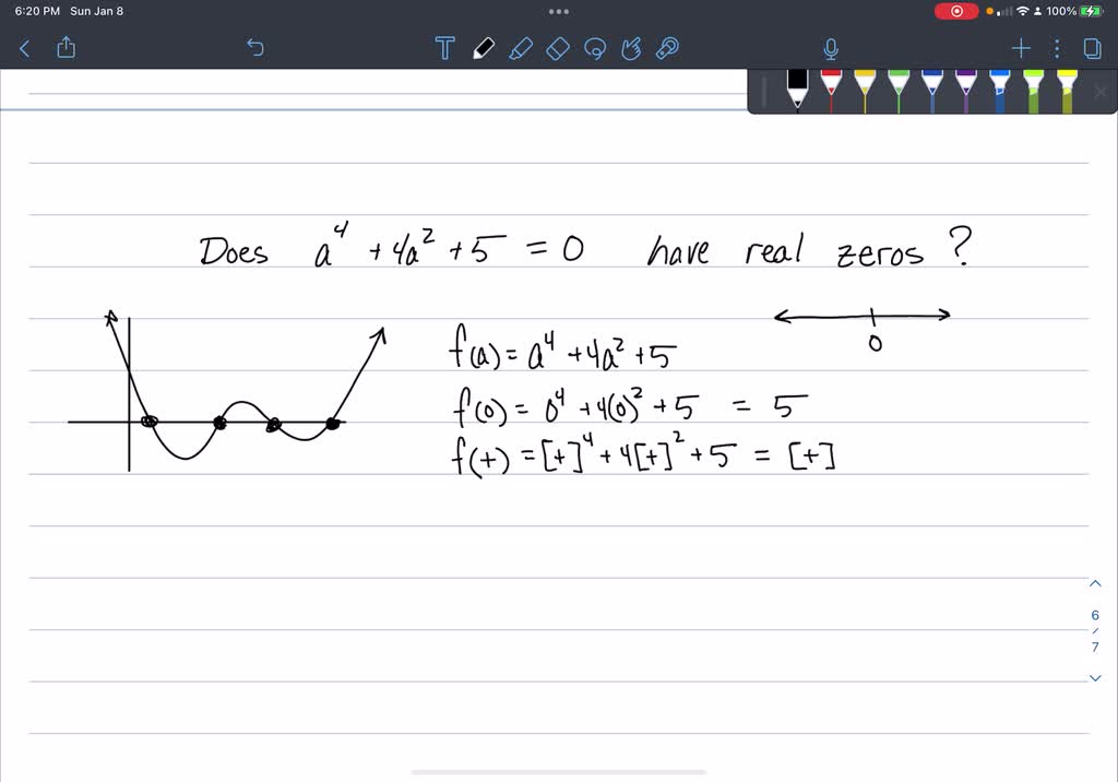 Does the polynomial a4 + 4a2 + 5 = 0 have real zeroes?