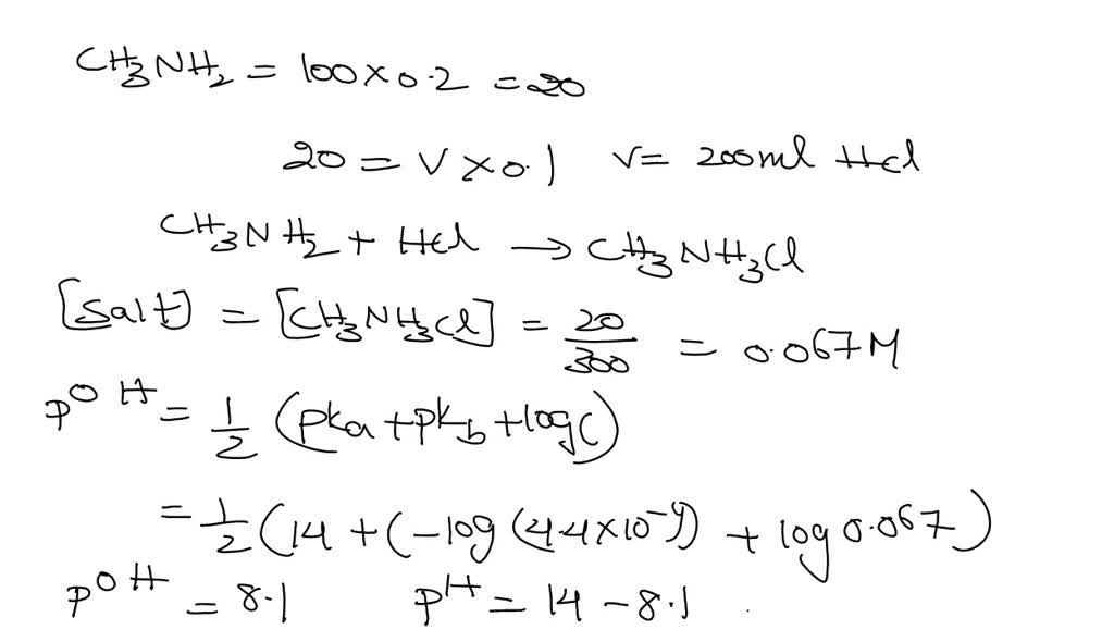SOLVED: 2. Consider the titration of 100.0 mL of 0.200 M CH3NH2 by 0.100 M HCl. Calculate the pH ...