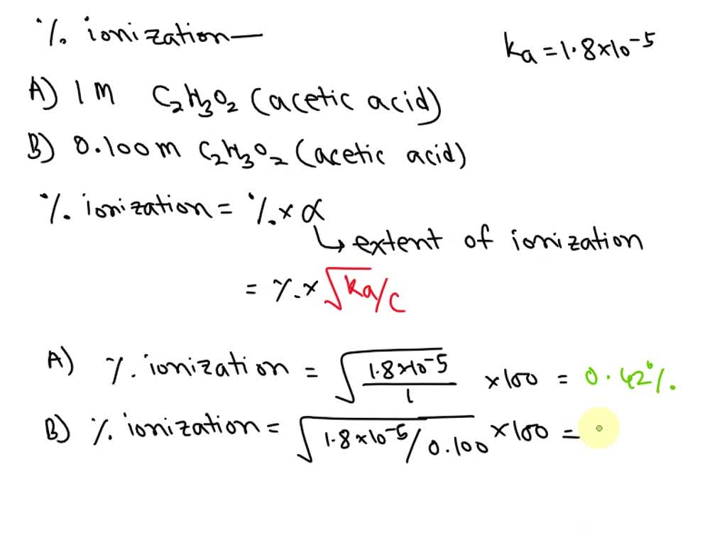 SOLVED: Calculate the percent dissociation of acetic acid (Ka=1.8x10^-5 ...