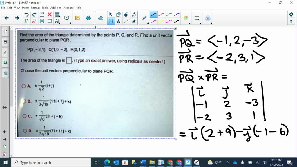 SOLVED: Find the area of the triangle determined by the points P, Q, and R. Find a unit vector ...