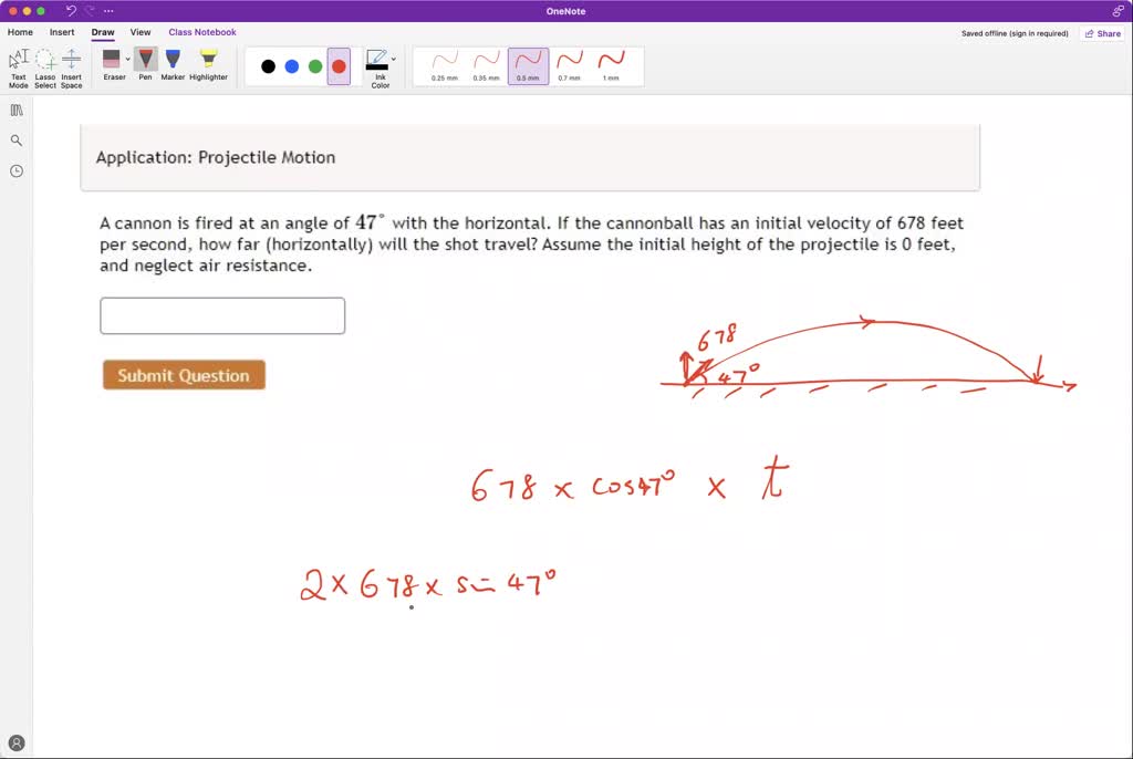 SOLVED: Application: Projectile Motion A cannon is fired at an angle of 47 with the horizontal ...