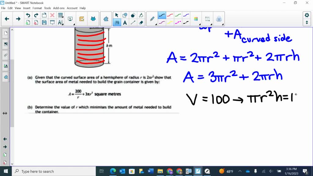 SOLVED: Design for a new grain container is in the shape of a cylinder with a hemispherical roof ...