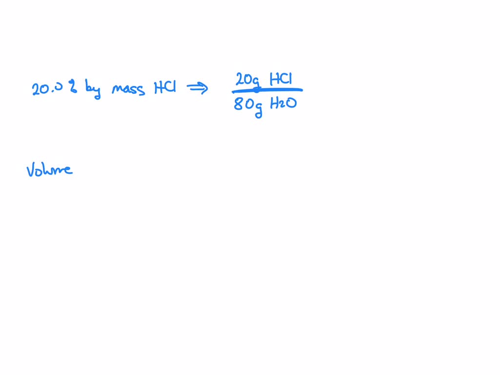 SOLVED: An aqueous solution is 20.0% by mass hydrochloric acid, , and has a density of 1.10 g/mL ...