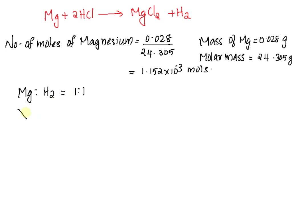 SOLVED: A reaction of 0.028 g of magnesium with excess hydrochloric ...